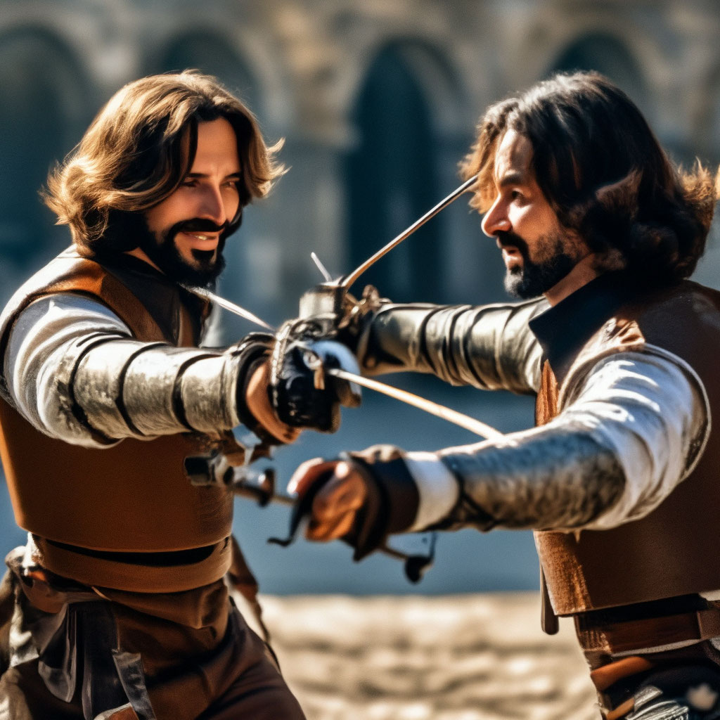 "Two musketeers fencing with each other" — image created in Shedevrum