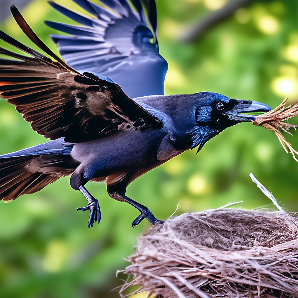 "The crow carries a twig for the nest in the key" — image created in ...