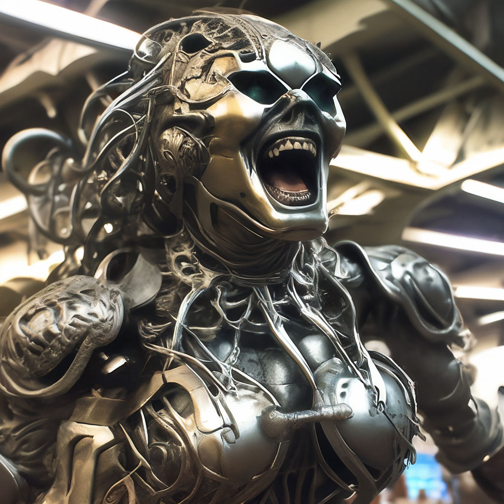 "Female body in the form of a monster made of metal screeching" — image ...