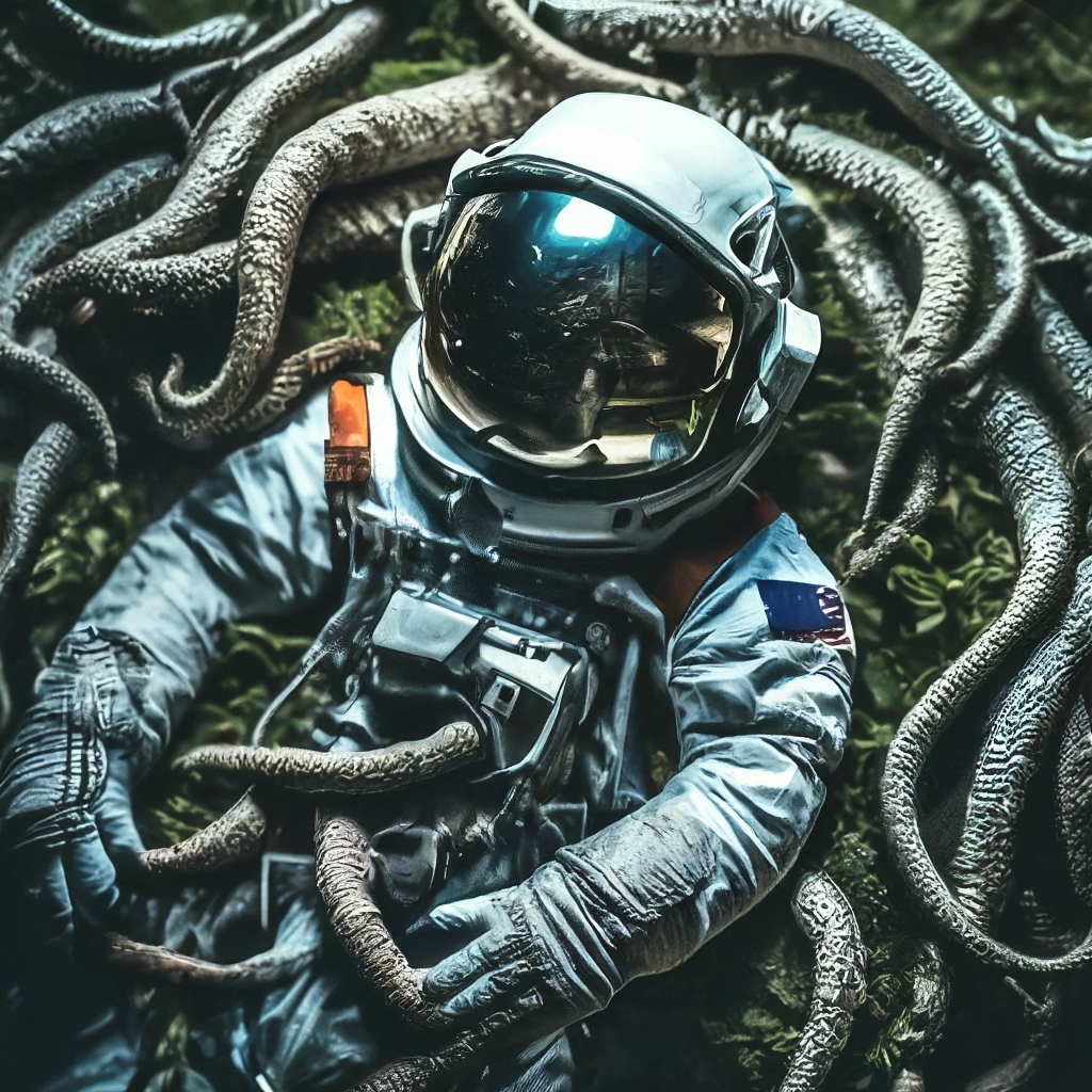 "In the helmet glass: darkness, stars, galaxies, constellations ...