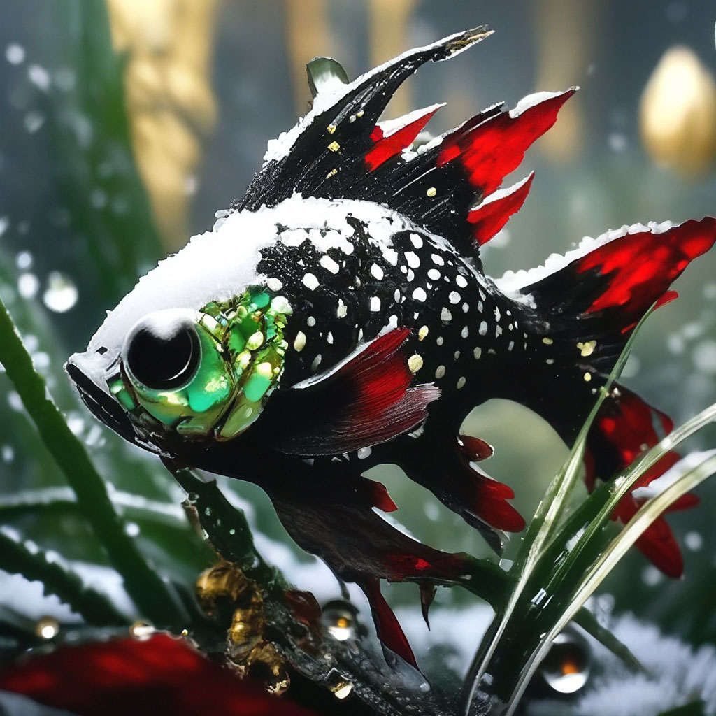 "Botanical art, light green, red, gold, white, dark fantasy art ...