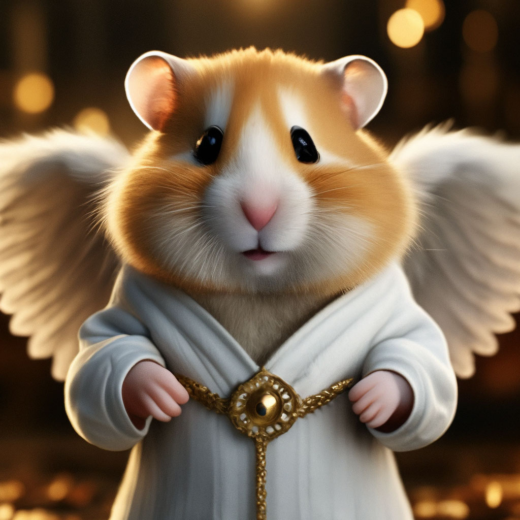"Hamster angel in white clothes and with a wink" — image created in ...