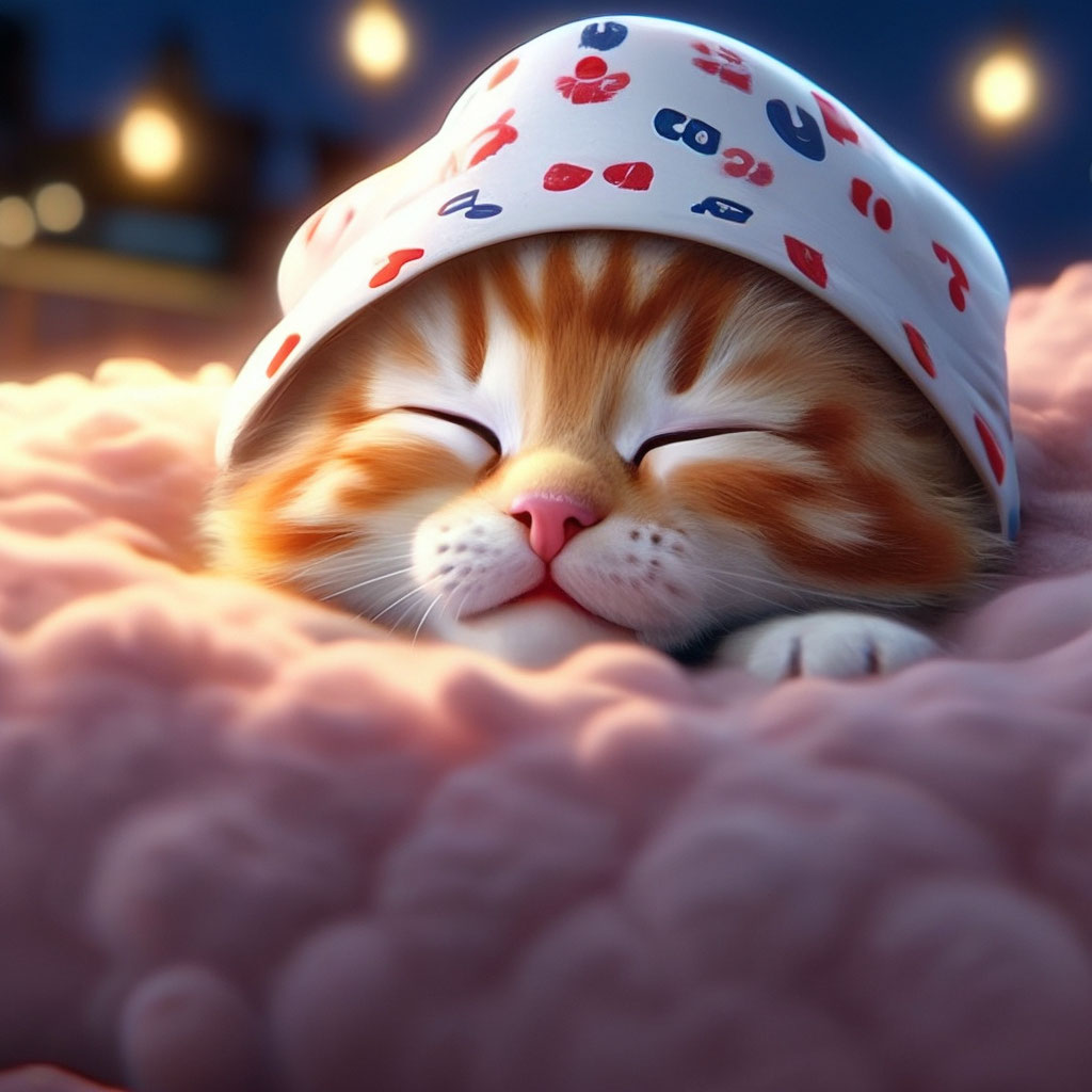 "Night, red fluffy kitten, nightcap on his head, sleeping sweetly on a ...