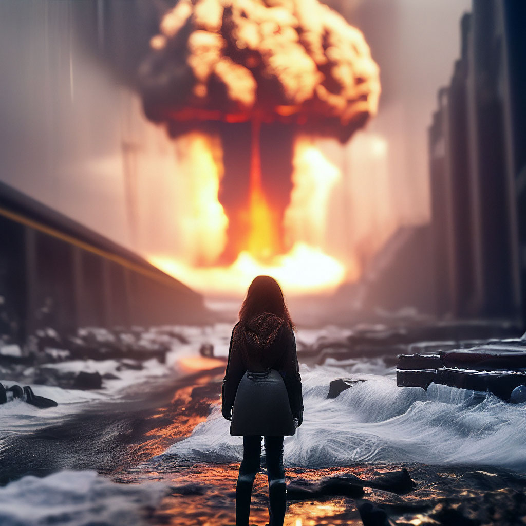 "A girl looks at a nuclear explosion, epic, apocalypse, tragedy ...
