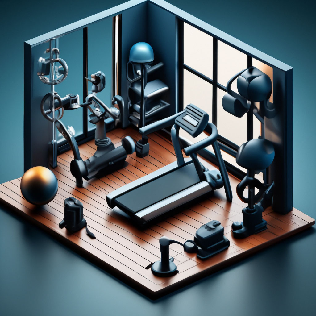 "A minimalistic isometric gym diorama with simple shapes of sports ...