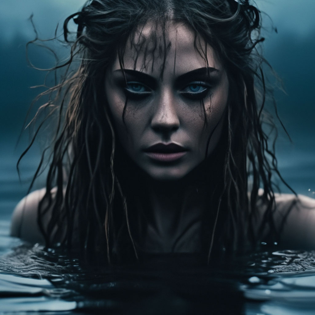 "Beautiful mermaid on a lake, wet and dense, mysterious, siren, unholy ...