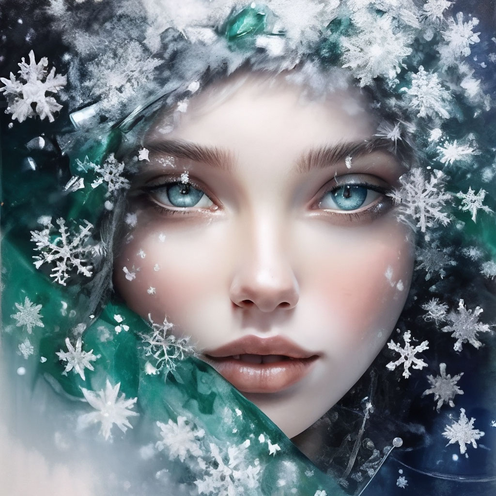 "Collage of snowflakes in the form of a refined beautiful girl's face ...