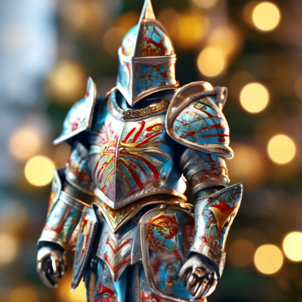 "An ancient knight in glass armor near a modern Christmas tree, the ...