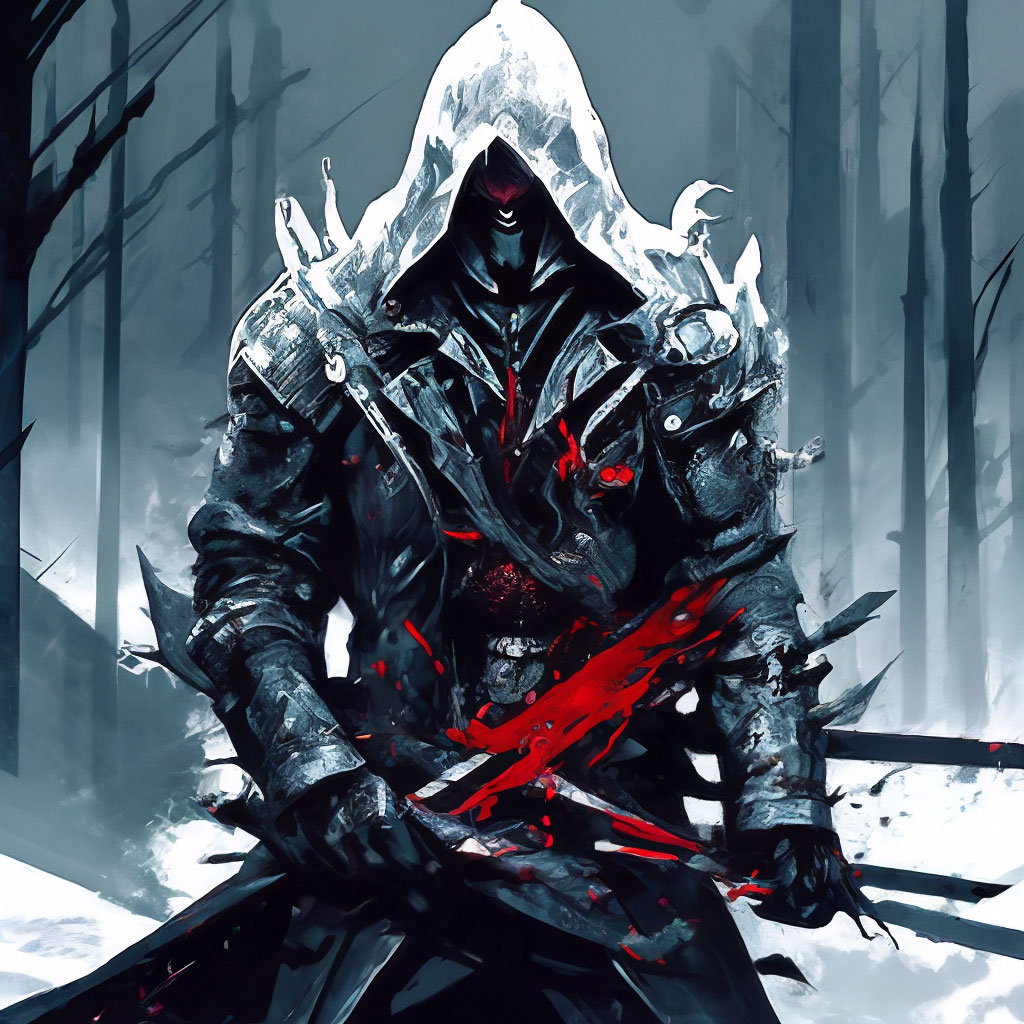 "Arctic Assassin, cyberpunk style, ink, darkness, splashes of red ...