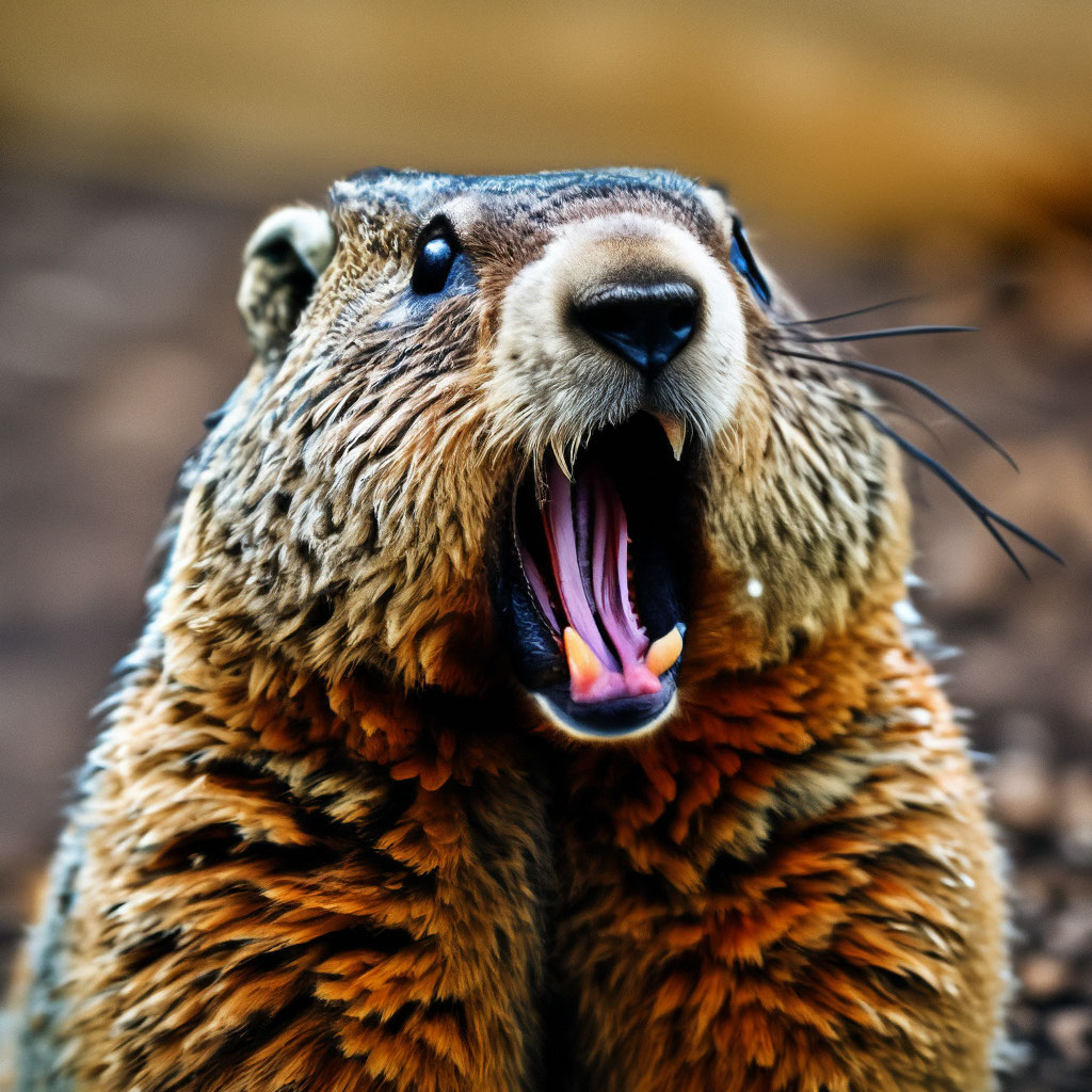 "The groundhog yawns, hair bristles, sharp teeth are exposed, pink long ...