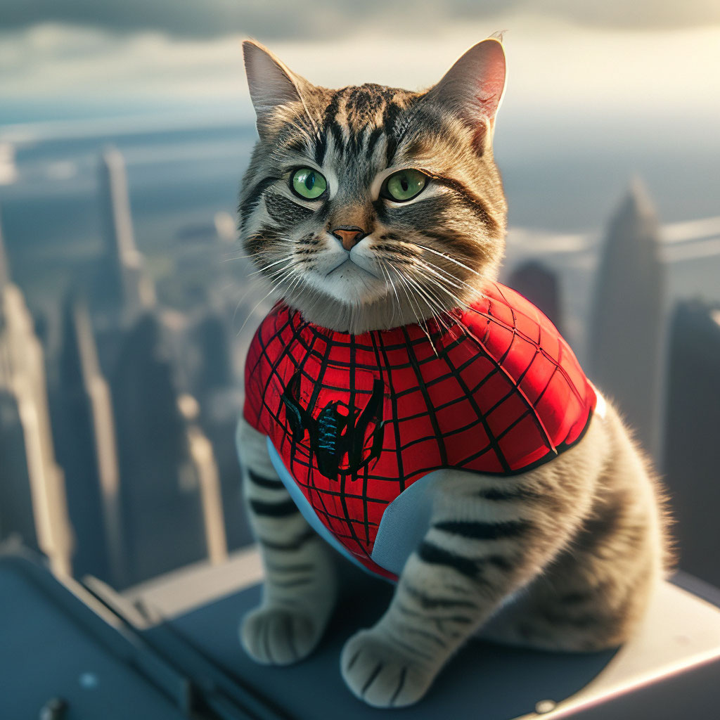 "A fat tomcat in a Spider-Man costume sits on the spire of a huge ...