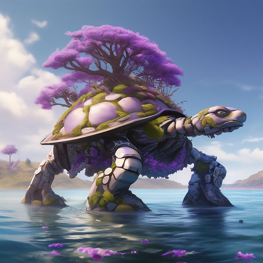 "A huge robotic turtle shell drifting on the sea. Trees with purple ...