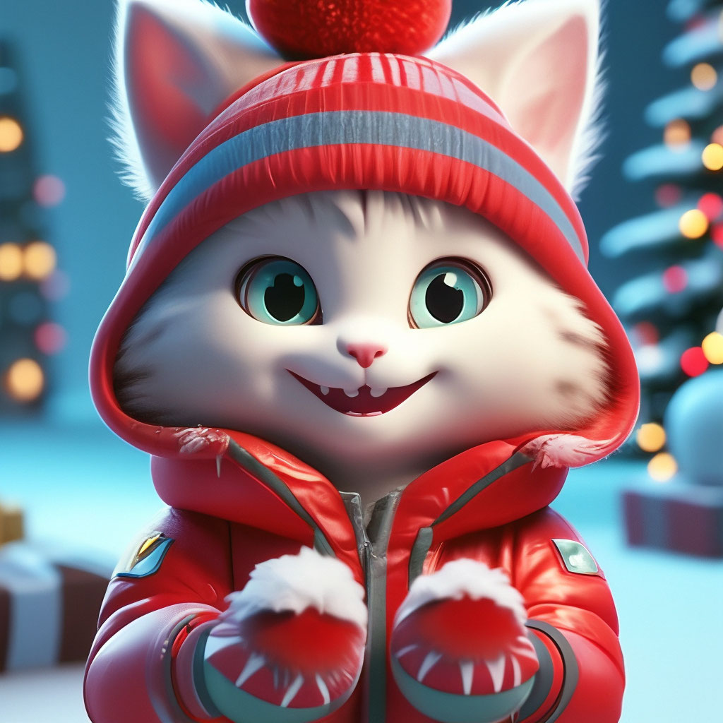 "Anthropomorphic, smiling, with big eyes, sly kitty, in a red down ...