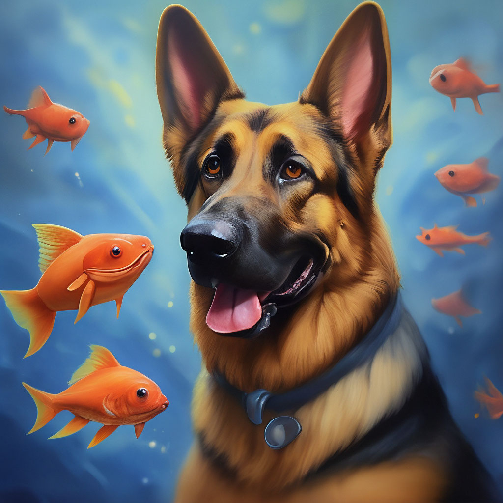 "German shepherd with a fish" — image created in Shedevrum