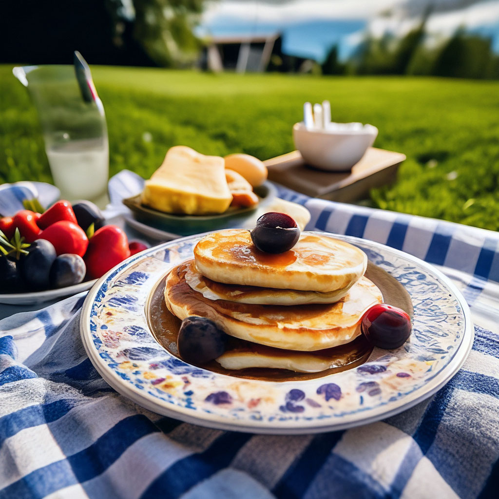 "Pancakes on a beautiful picnic plate" — image created in Shedevrum