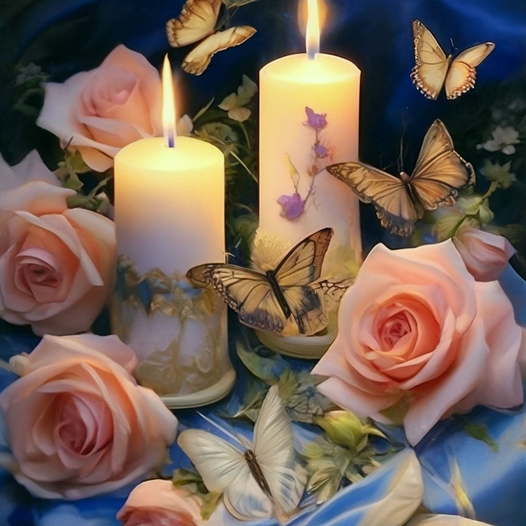 "The night is tender, candles, rose, butterflies, wax pastel,grisaille ...