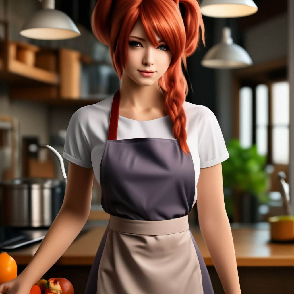 "Monica ddlc, kitchen room, dressed apron for cooking" — image created ...