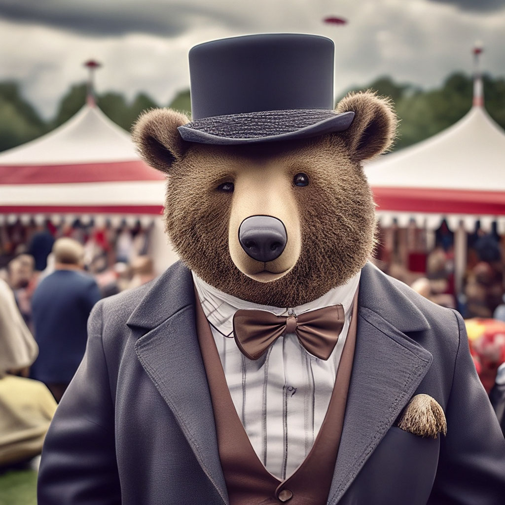 "Sad anthropomorphic bear in a suit and bowler hat at the fair, tents ...