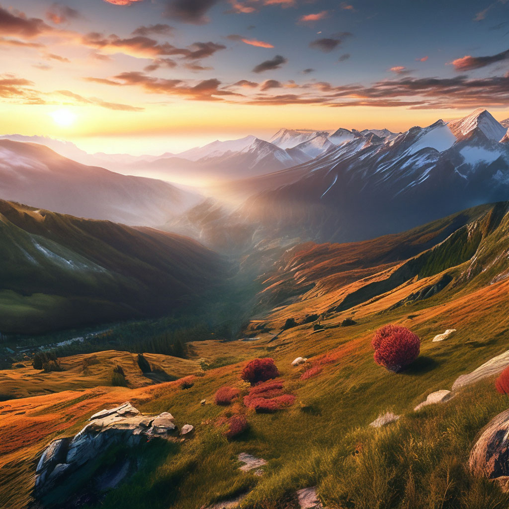 "A megarealistic image of the morning landscape, photographed from a ...