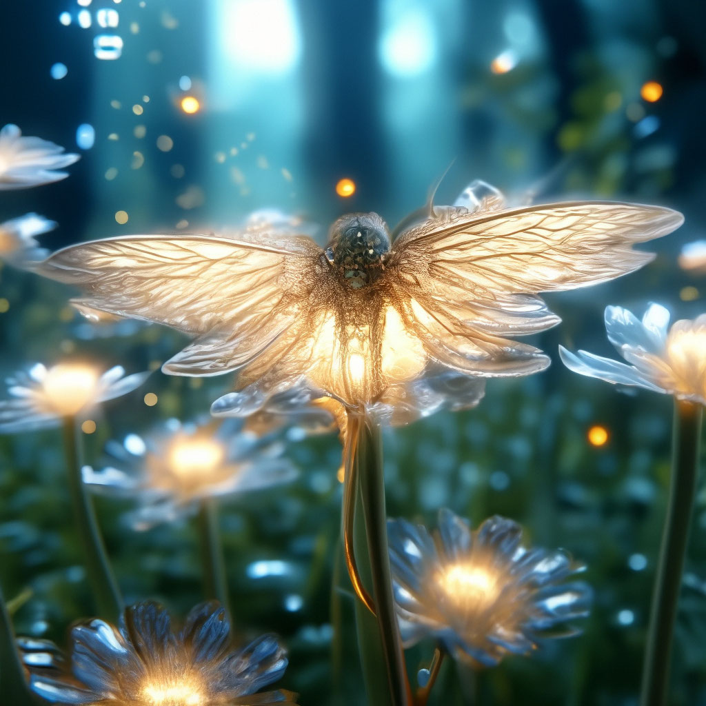 "Botanical garden, photorealism, insect-firefly, flower-flashlight ...