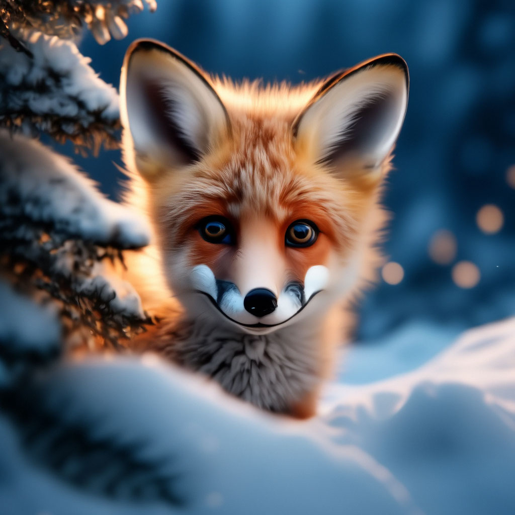 "The fox A cute fluffy smiling fox cub peeks out from under a fir tree ...