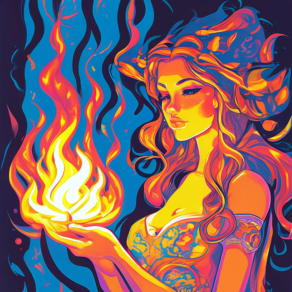 "Vector image of a magical woman, a nymph looking at the magic fire at ...