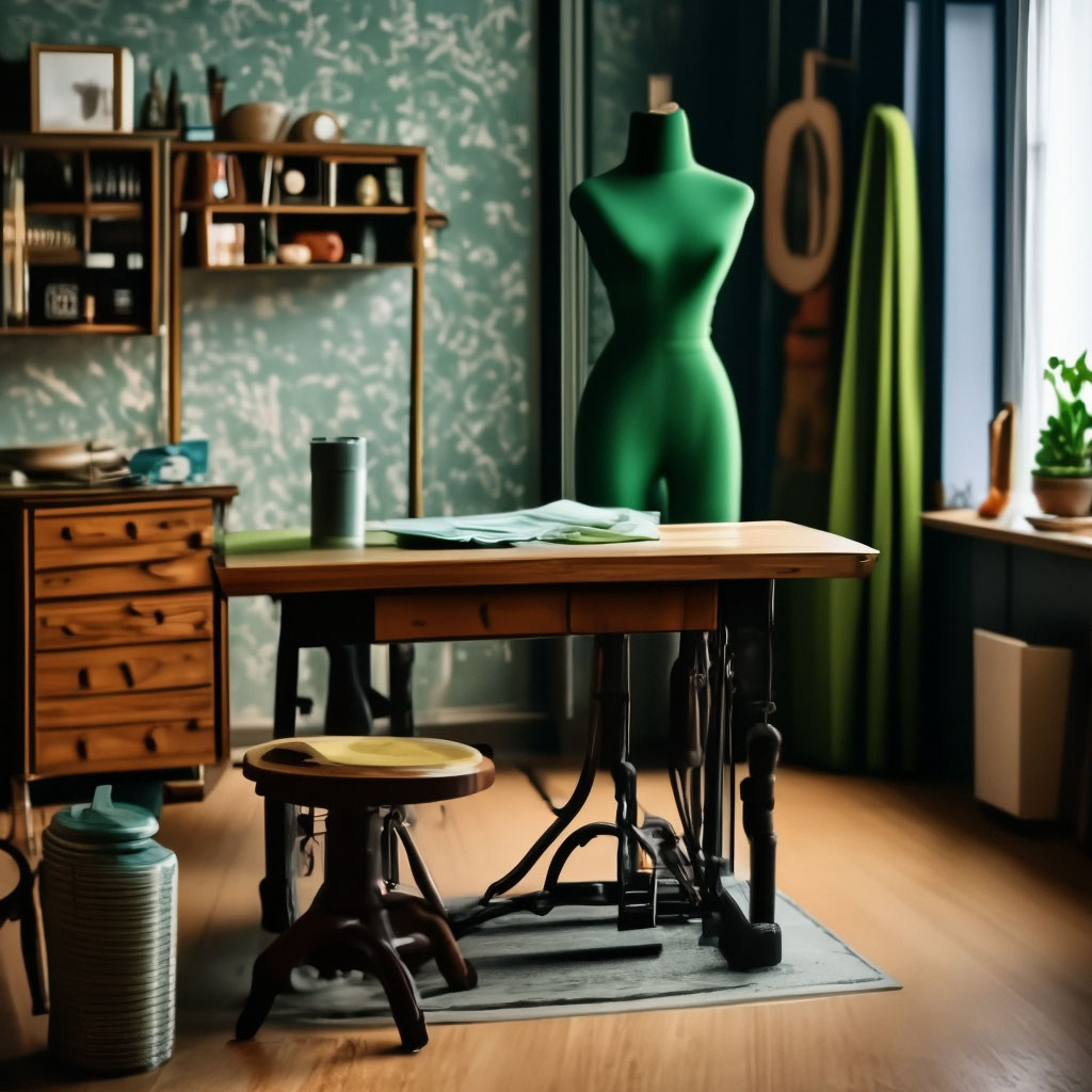 "A cozy sewing workshop, a beautiful mannequin, a table with a sewing ...