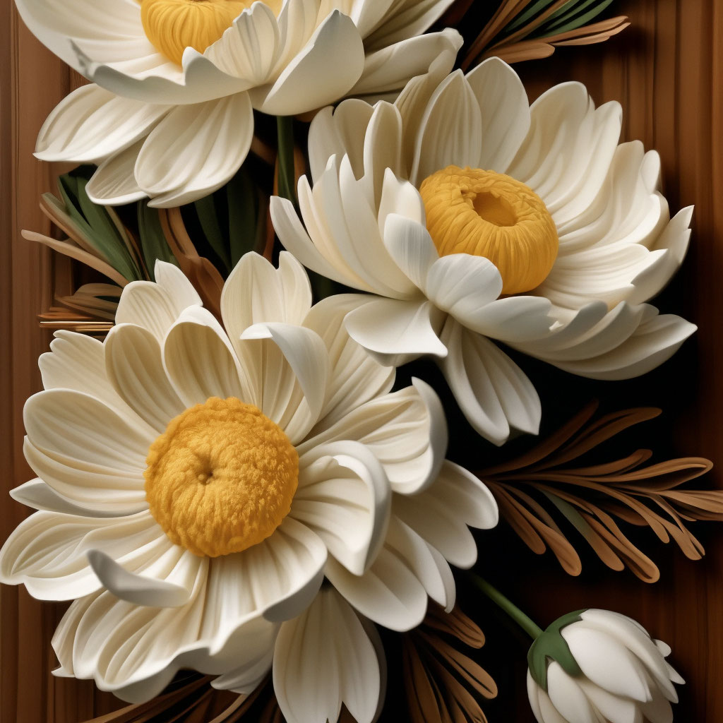 "Wood carving, peony, chamomile, spruce, quilling, beautiful, realistic ...