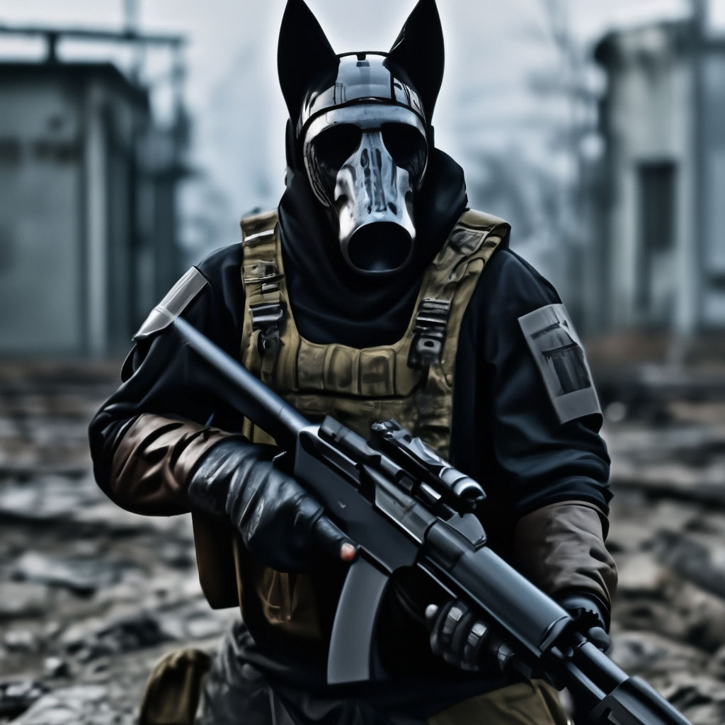 "Chernobyl, Stalker in tactical gear in a gas mask holding a black Ak ...