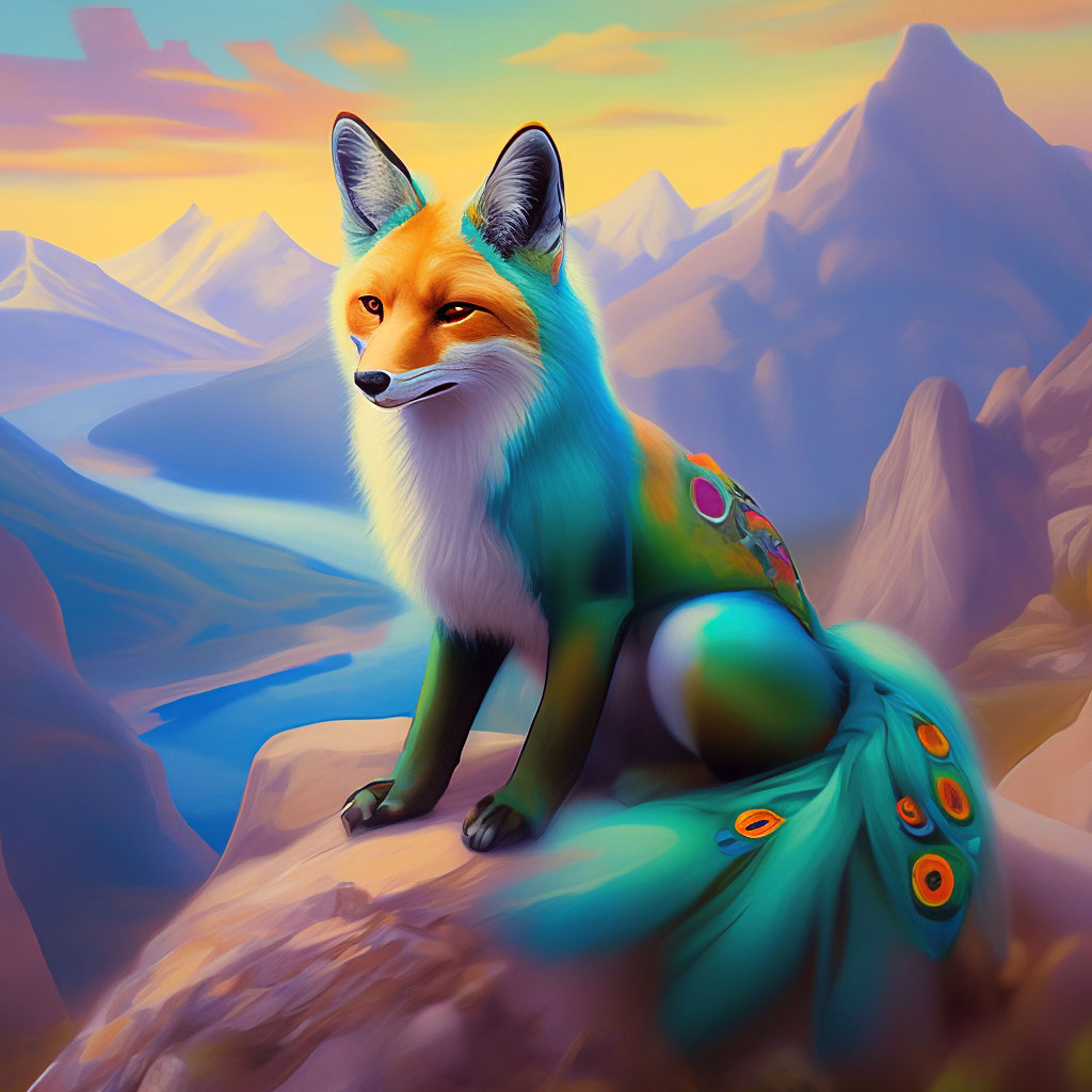 "A peacock-colored fox sits on a mountain" — image created in Shedevrum
