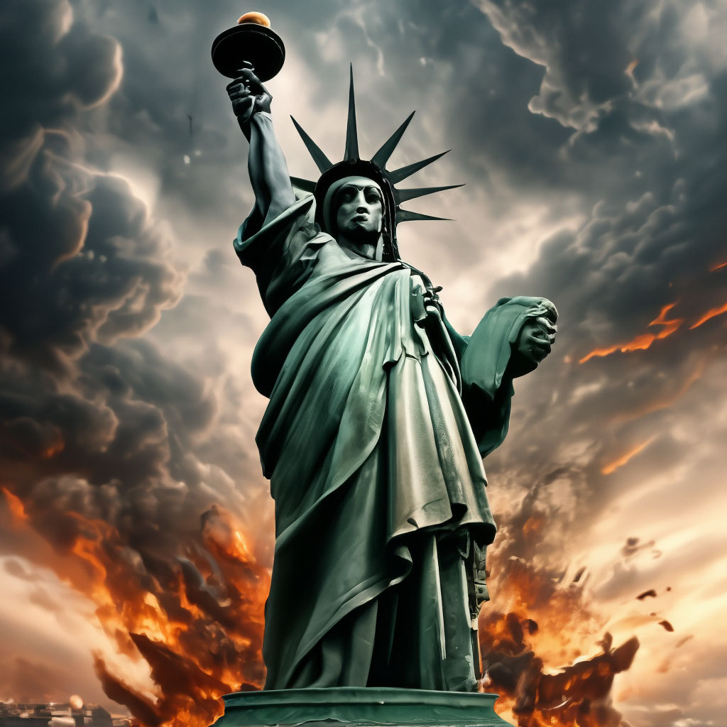 "The fall of the statue of liberty" — image created in Shedevrum