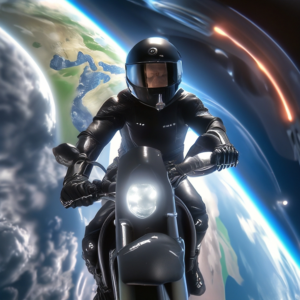 "Biker on a healthy black bike, rides around the globe in space ...