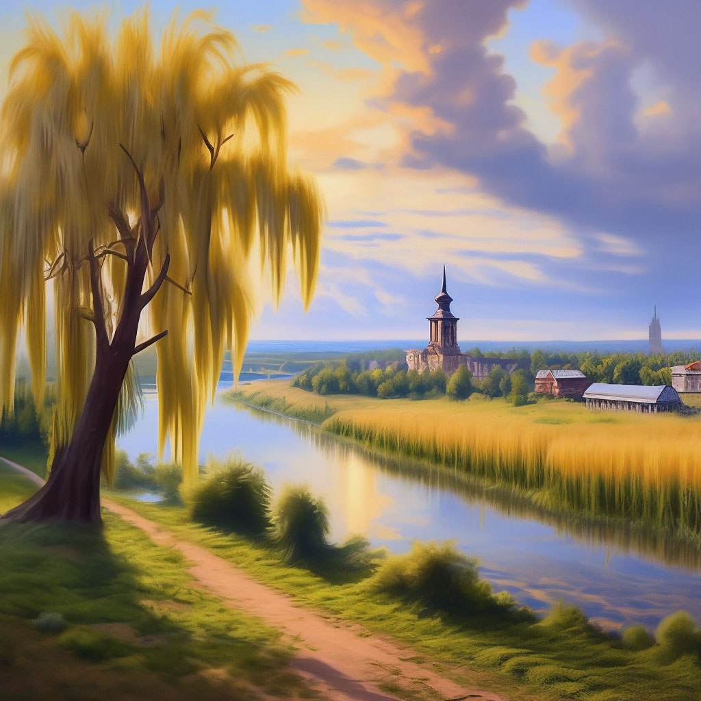 "A wide Volga river, a willow tree nearby, a corn field and a city in ...