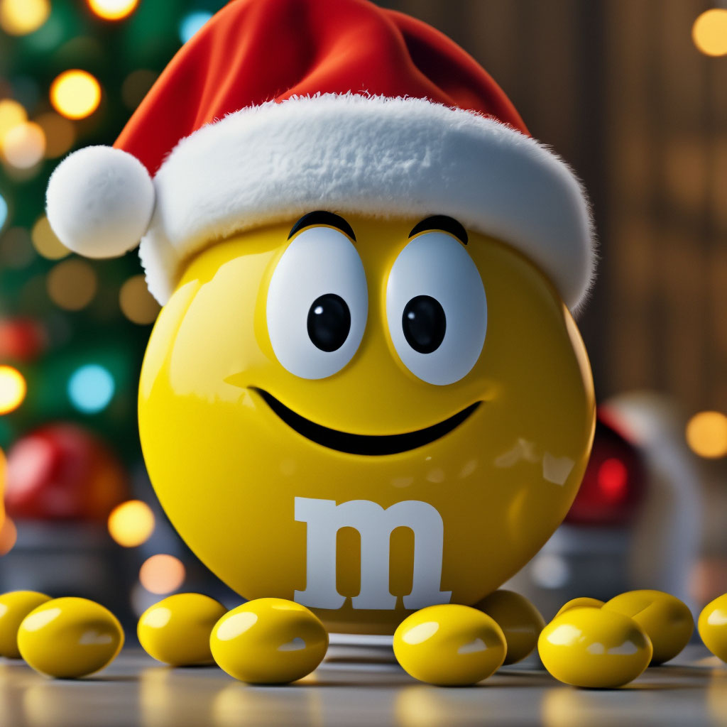 "Yellow M&M's in Santa Claus hat close-up, standing near the Christmas ...