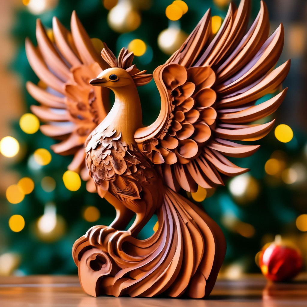 "Firebird wood carving on the background of a Christmas tree" — image ...