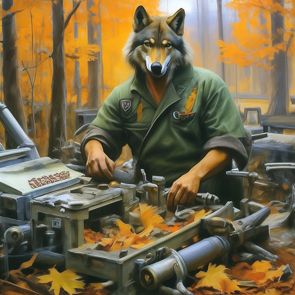 "Mechanic, career technique, wolf, …" — image created in Shedevrum