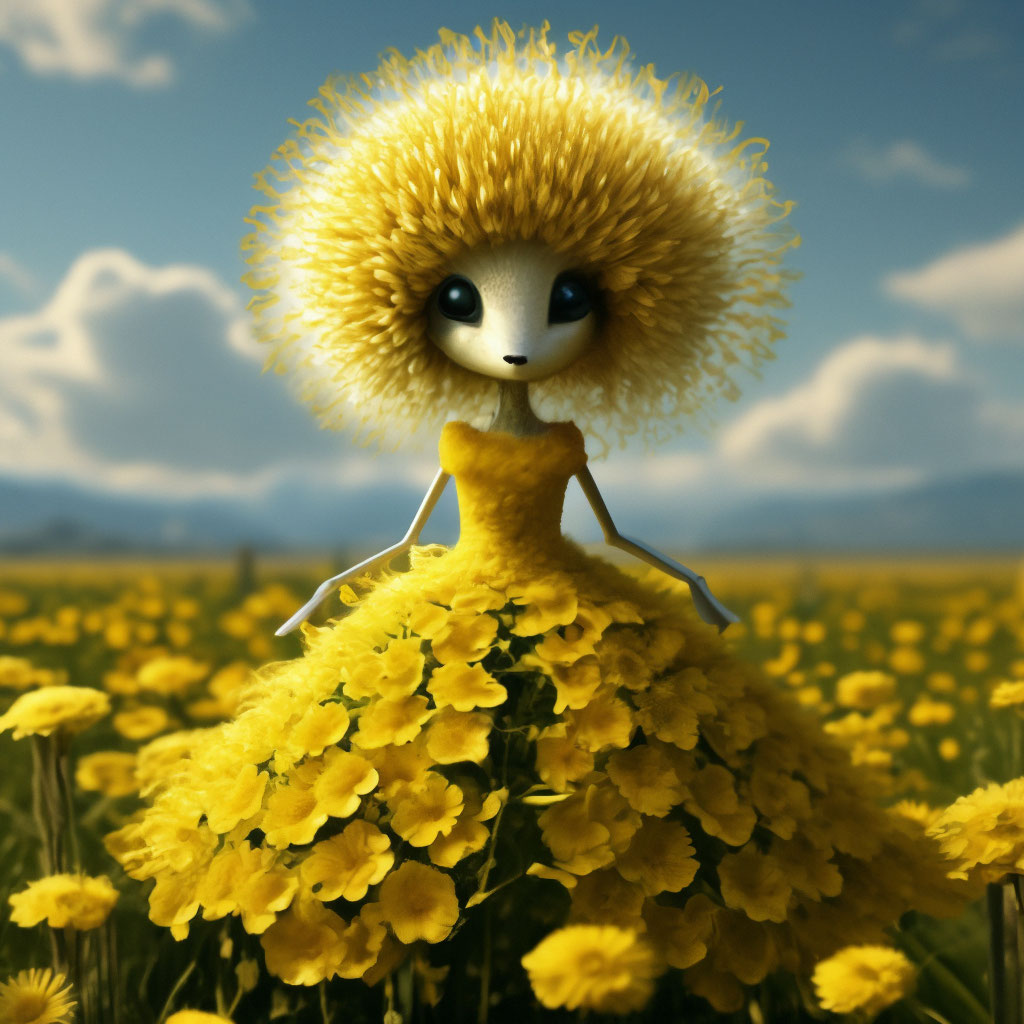 "Anthropomorphic dandelion in a dandelion dress" — image created in ...