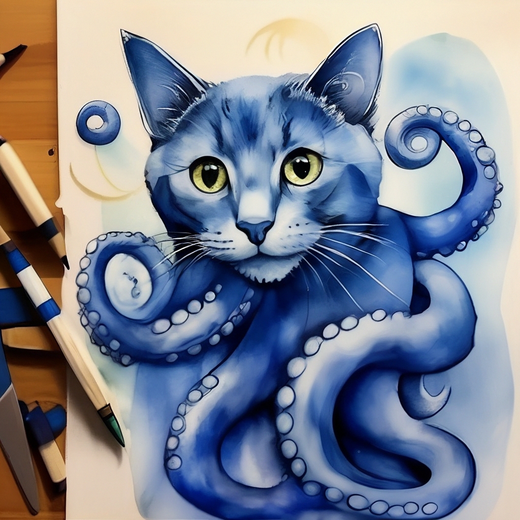 "Blue octopus cat, smile, sketch, sketch, watercolor" — image created ...