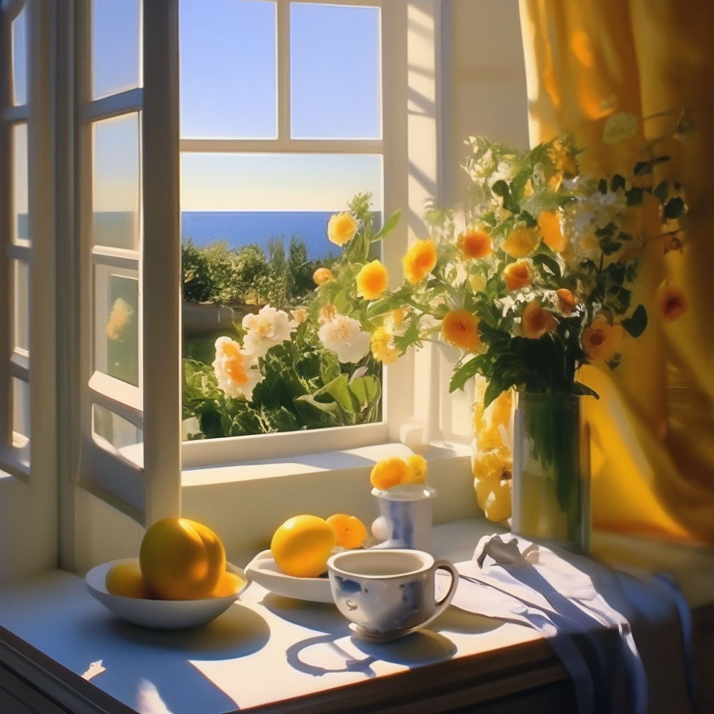 "Morning still life. sunny, summer. the window is open" — image created ...