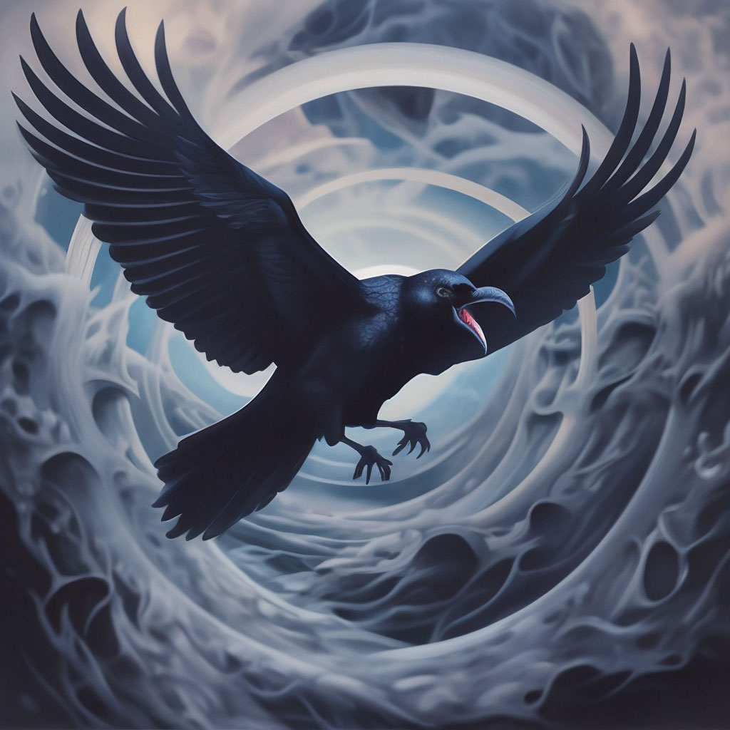 "A raven circling over the abyss" — image created in Shedevrum