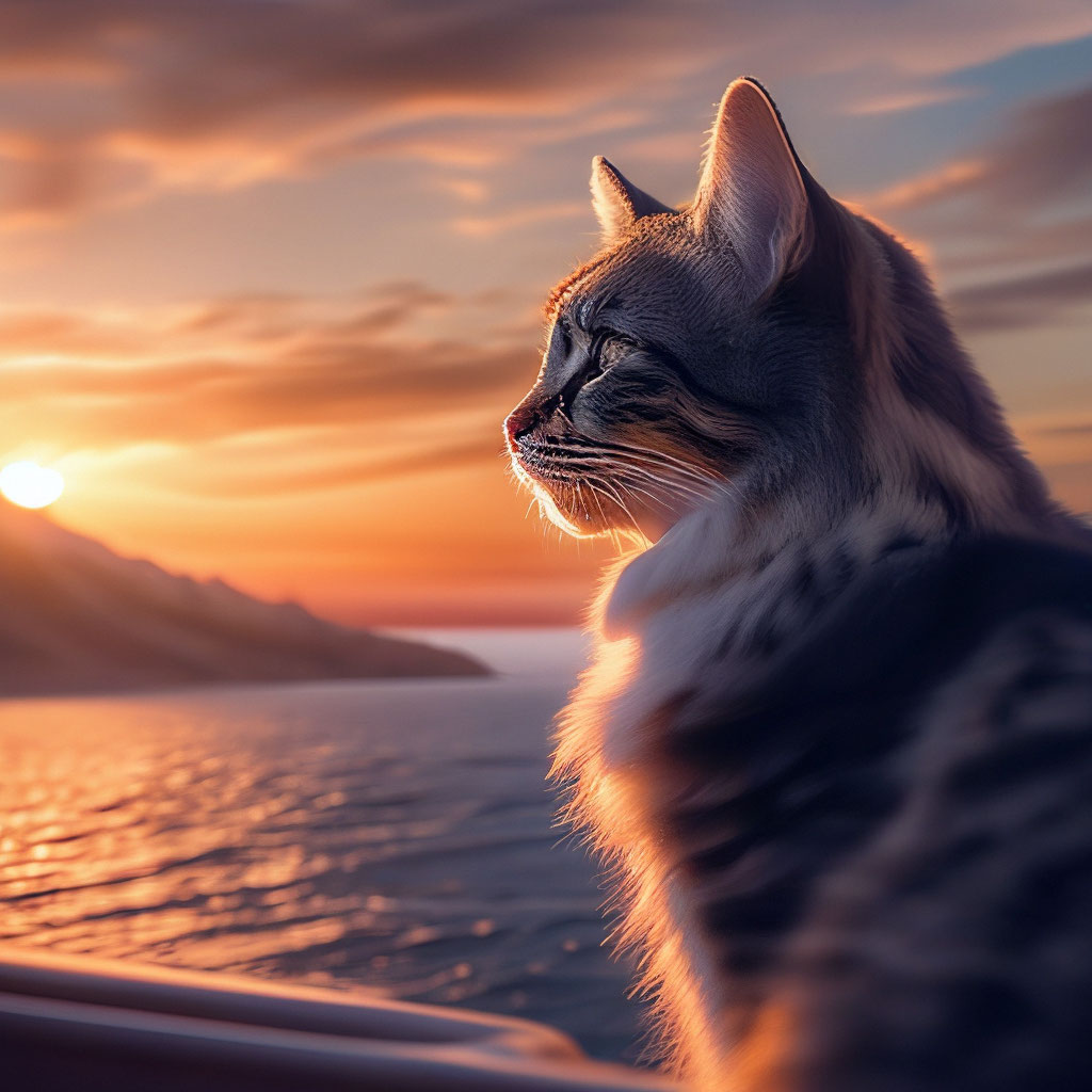 "Sunset on the sea , beautiful cat looking into the distance, realistic ...