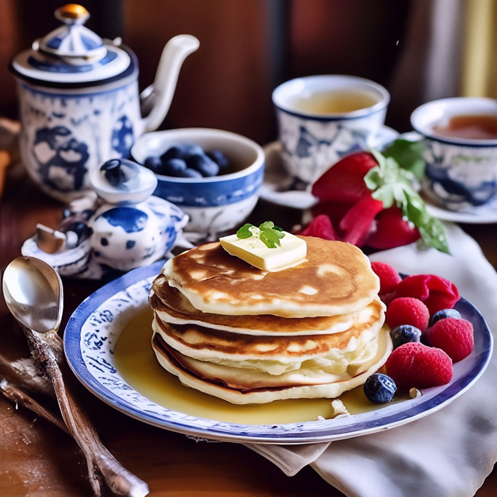 "Pancakes with cottage cheese, tea, breakfast" — image created in Shedevrum