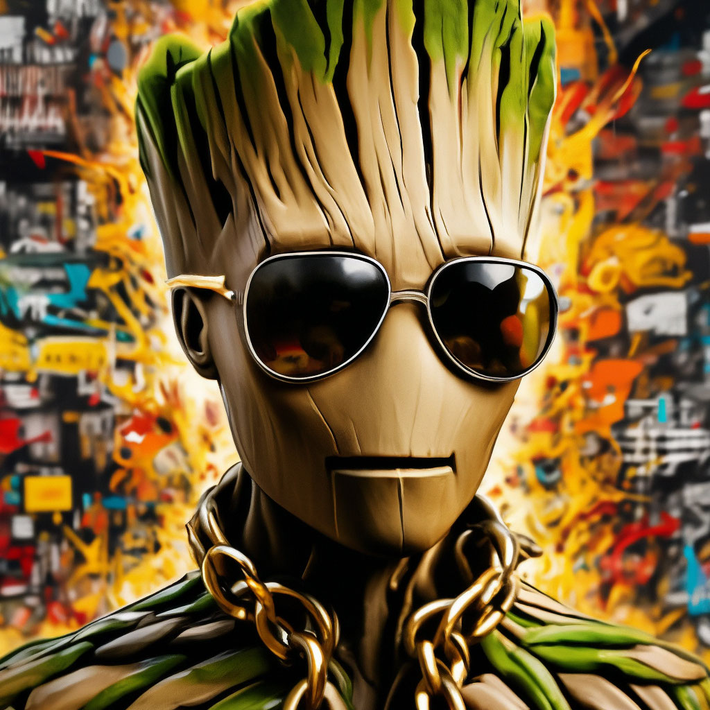 "Street art on canvas "Groot in black sunglasses and gold chains" funny ...