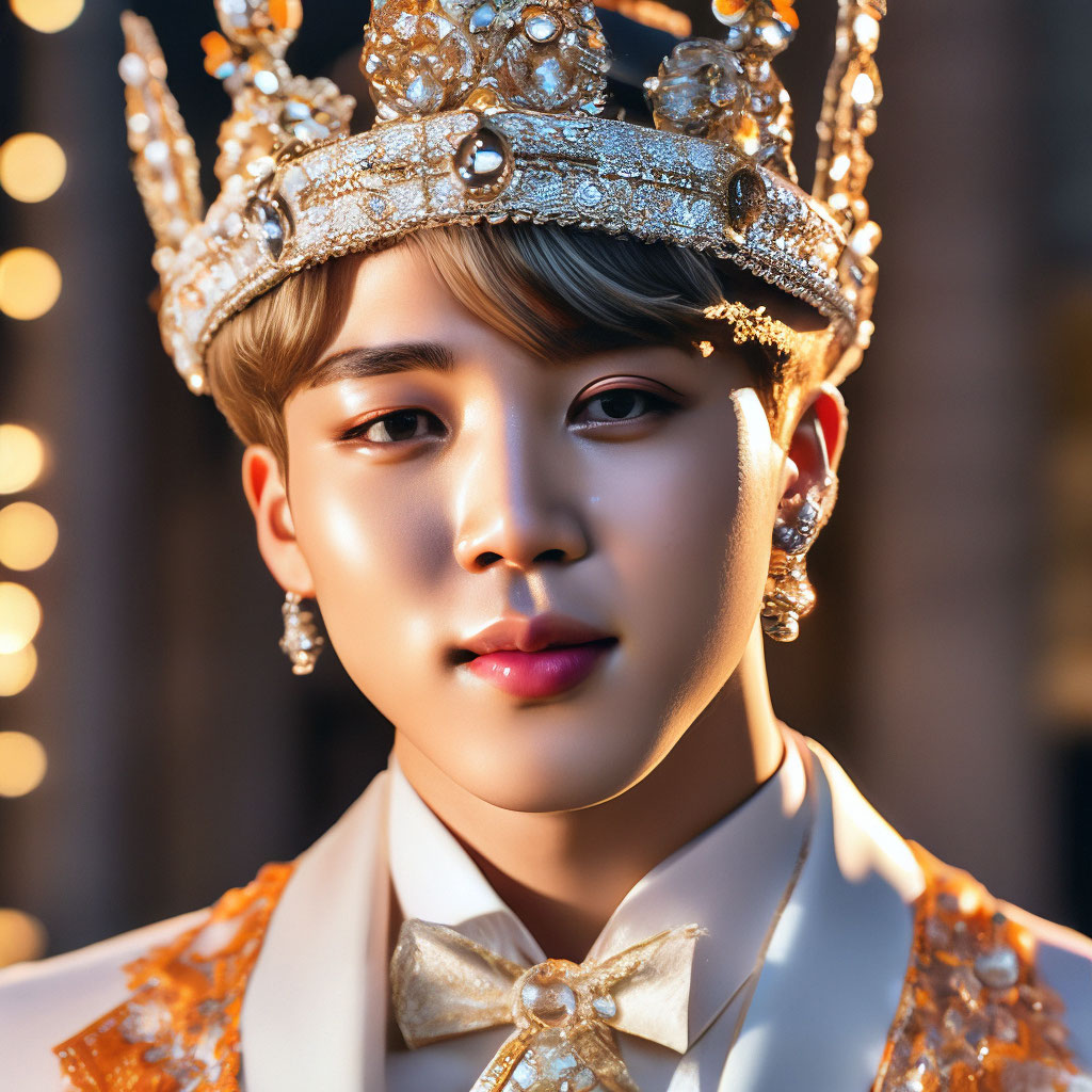 "@kakossinka BTS Jimin, expressive eyes, in a couture suit, a crown on ...