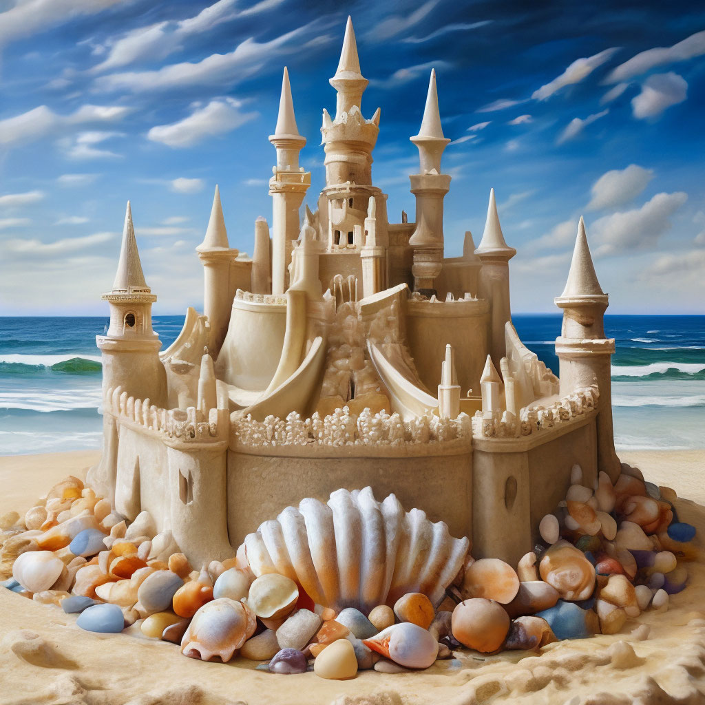 "A huge sand and shell castle on the ocean hyperrealism" — image ...