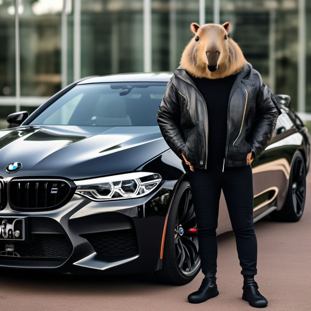 "Capybara is standing in a black jacket and next to him is a BMW M5 car ...