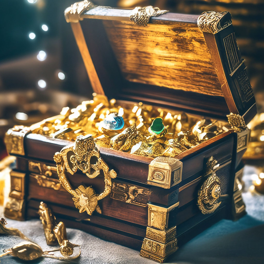 "Pirate chest, open, filled with gold and jewels, , beautiful ...