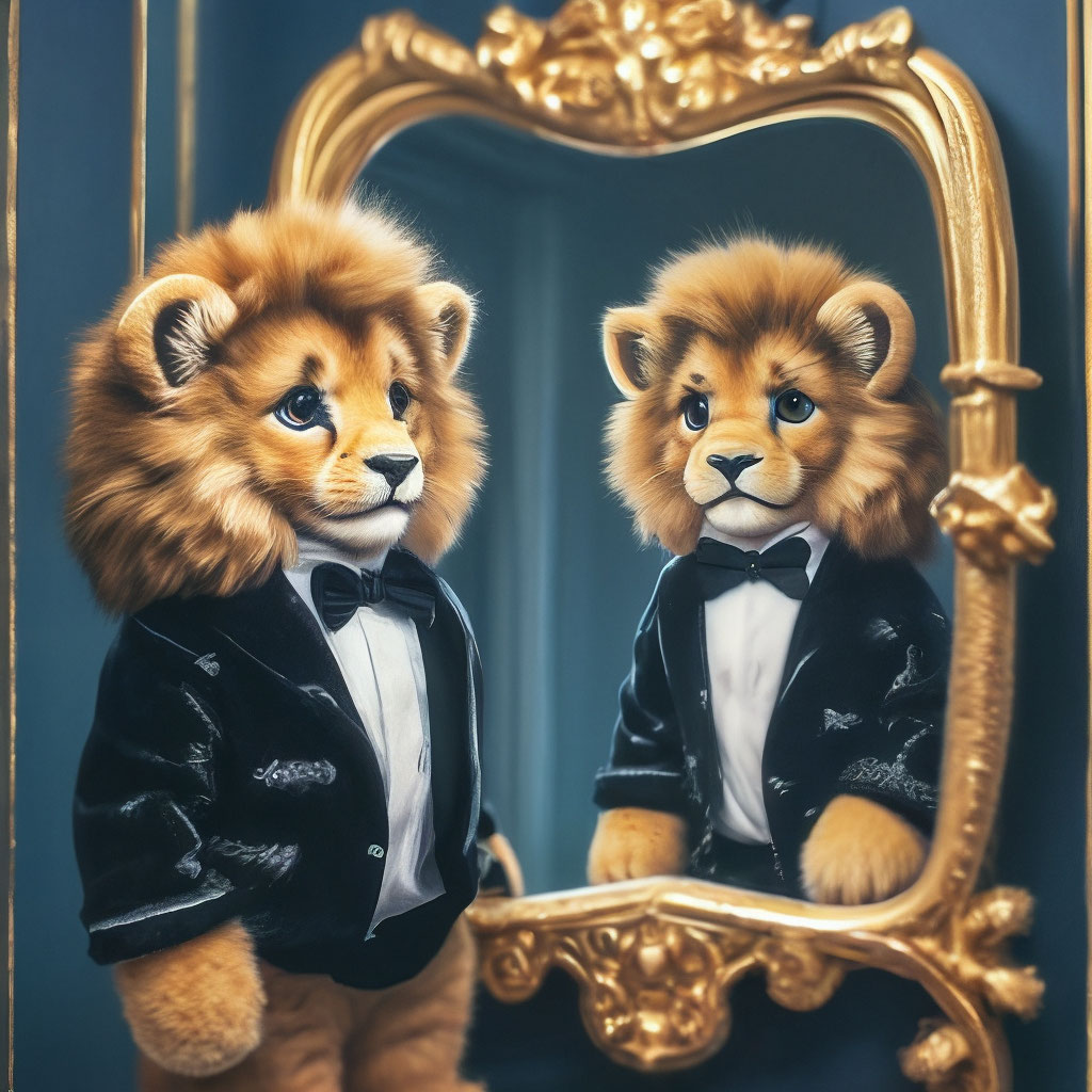 "A tiny cute fluffy lion in a black suit admires his reflection in the ...
