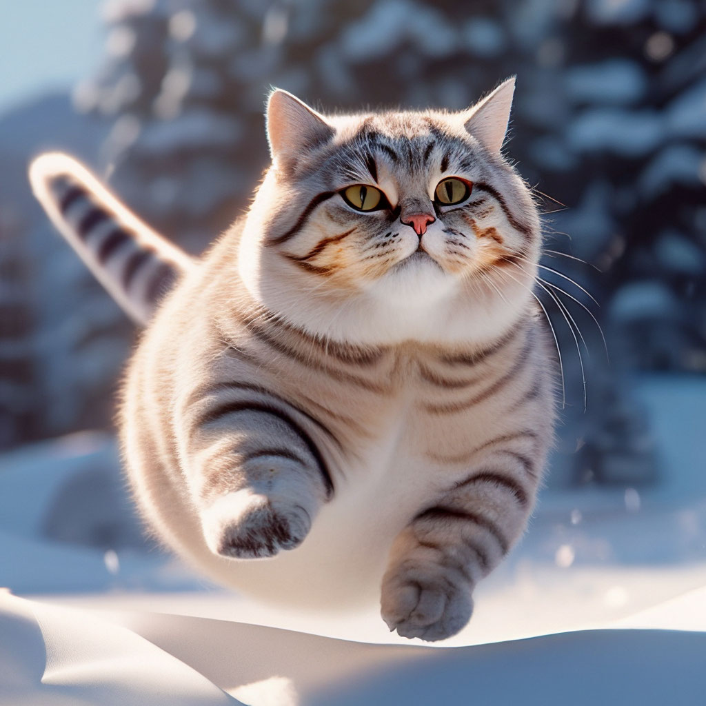 "Mega fat cat gracefully jumps into the snow, side view, realistic ...