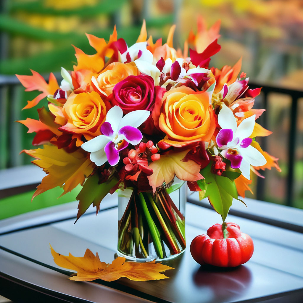 "Beautiful bouquet of autumn maples, orchids and roses, beautiful ...